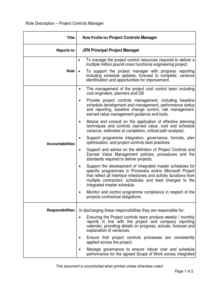 Project Controls Manager: Title: Role Profile For | PDF | Project ...