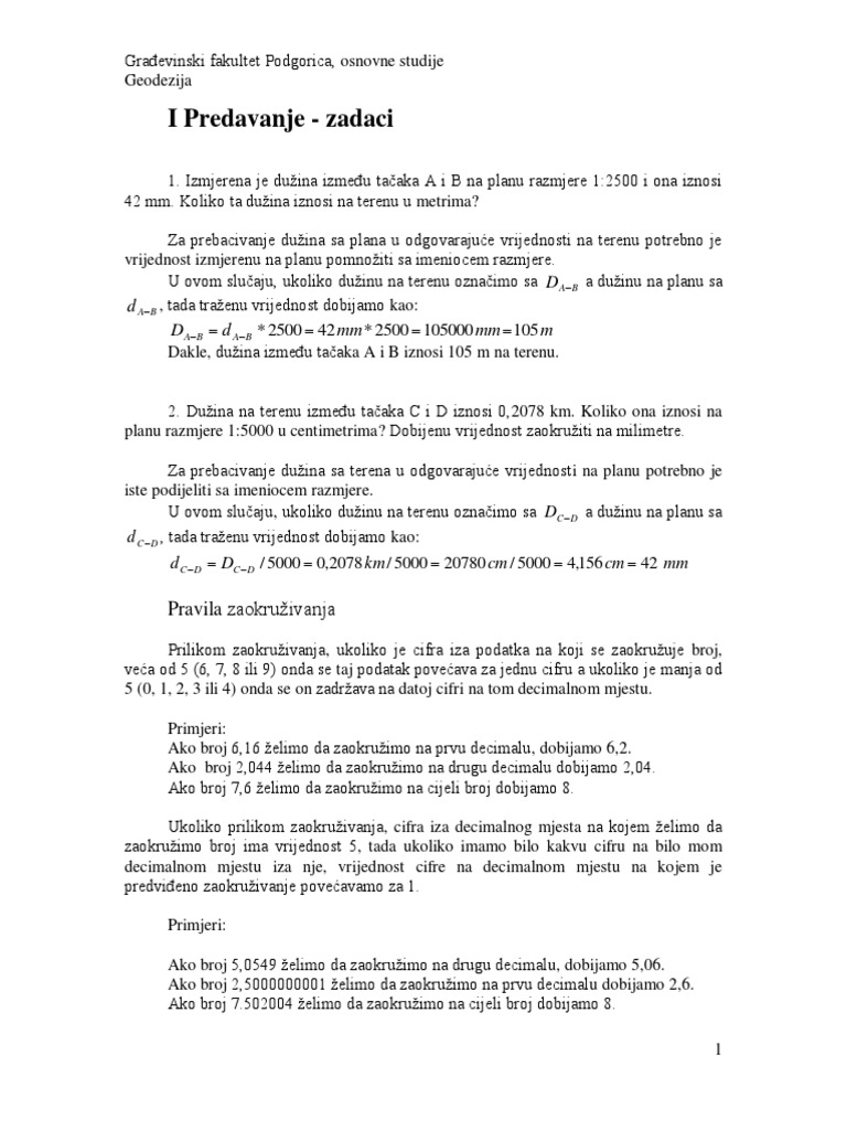 Prvo Predavanje Geodezija - Građevinarstvo - Zadaci | PDF