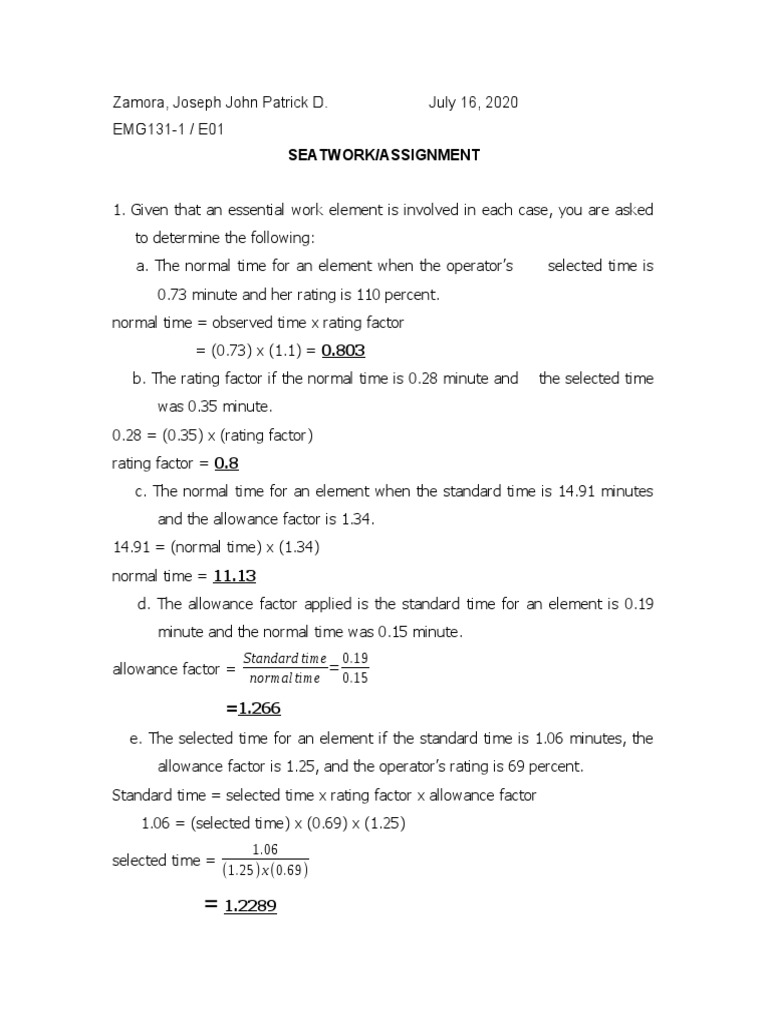Seatwork/Assignment: Standard Time Normal Time | PDF | Mean | Standard ...