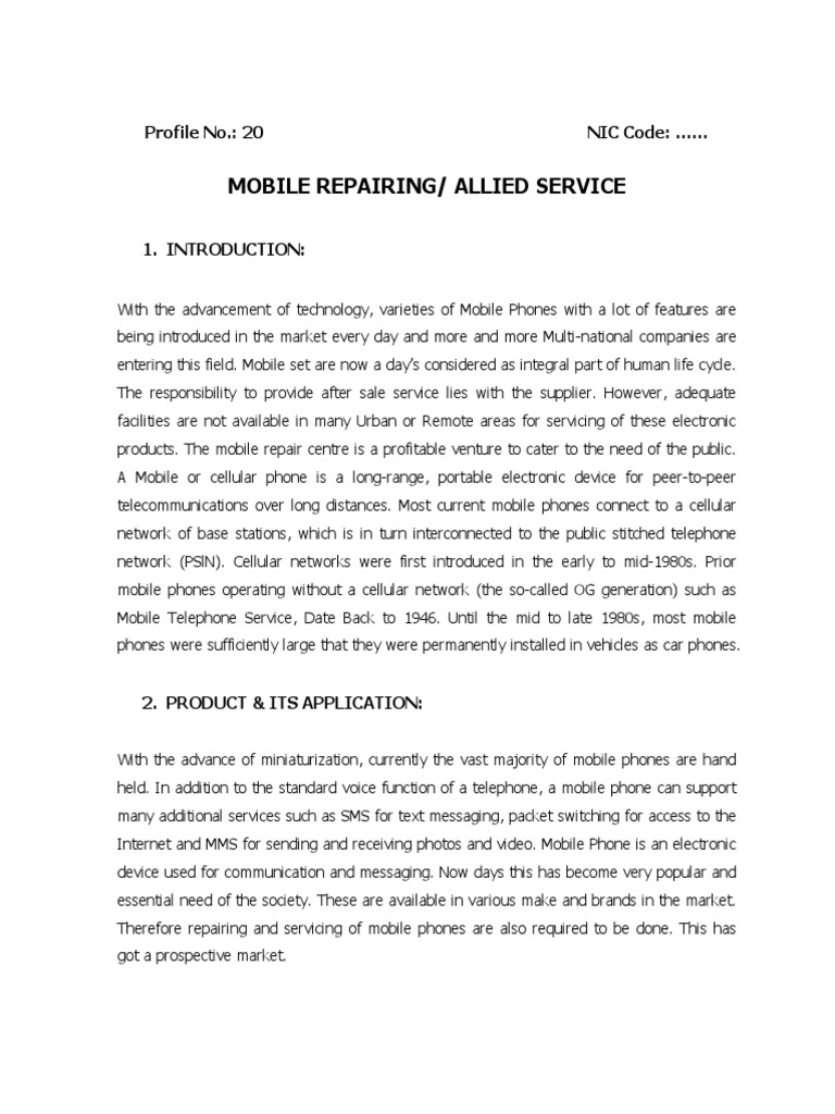 Mobile Repairing/ Allied Service: Profile No.: 20 NIC Code | PDF ...