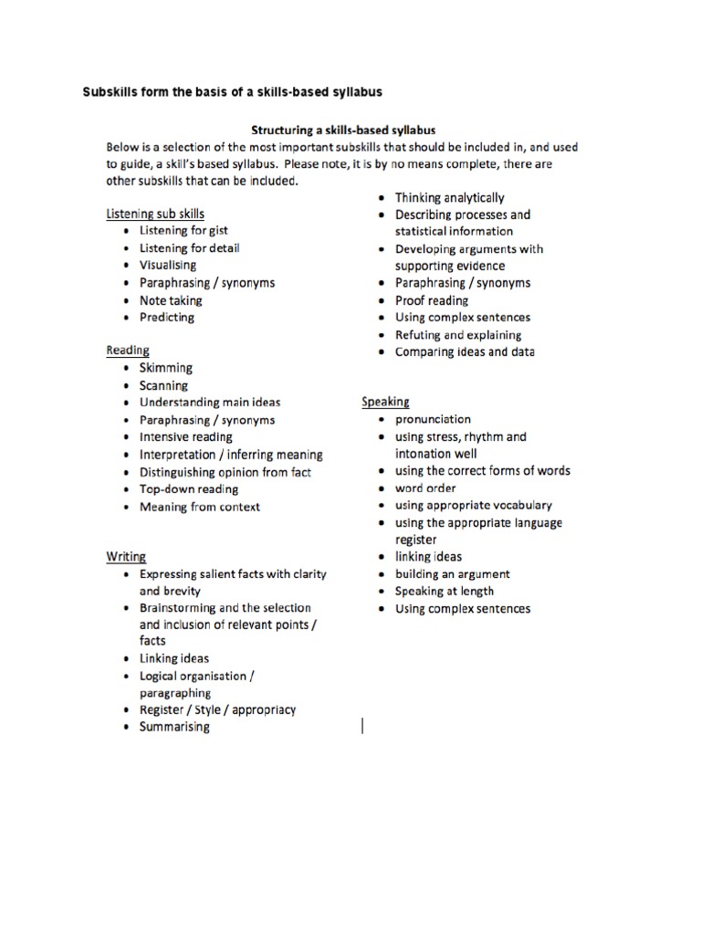 Subskill List - Skills-Based Syllabu | PDF