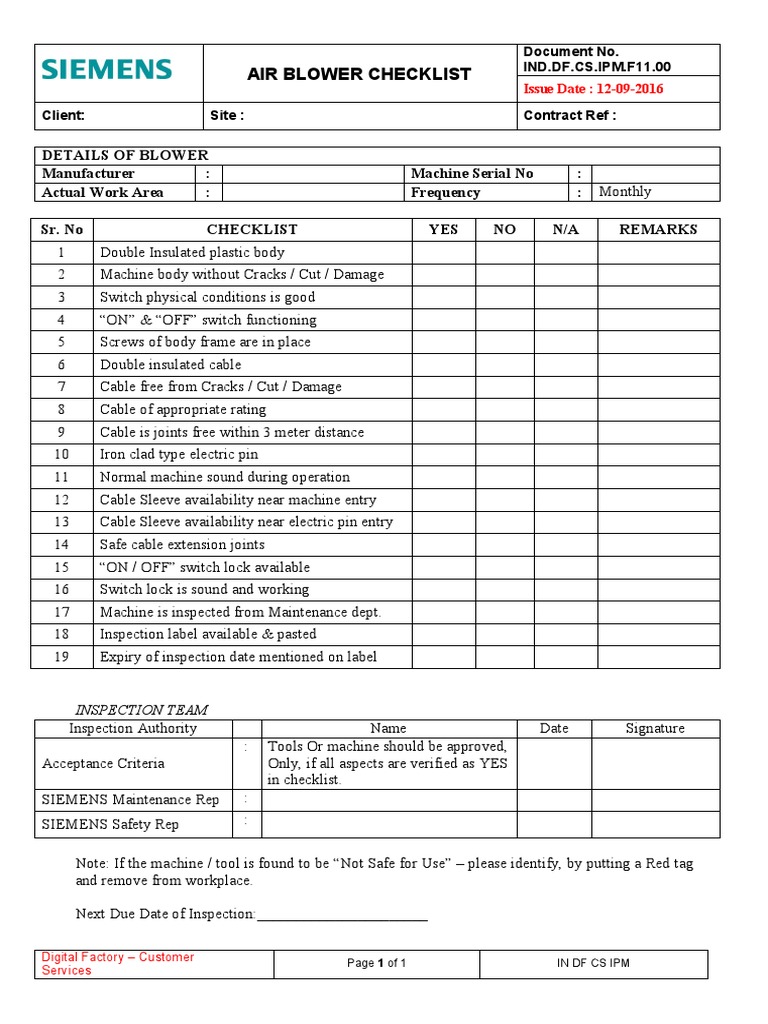 Air Blower Checklist PDF | PDF