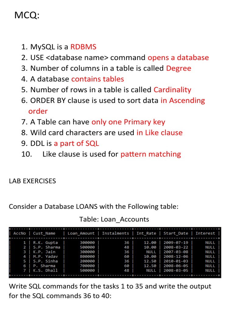 MCQ and LAB EXERCISES on SQL | PDF | Relational Database | Table (Database)