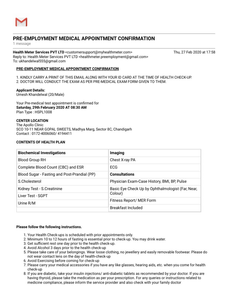 Pre-Employment Medical Appointment Confirmation | PDF | Physical ...