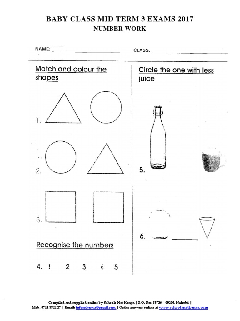 Baby Class Mid Term 3 Exams 2017: Number Work | PDF