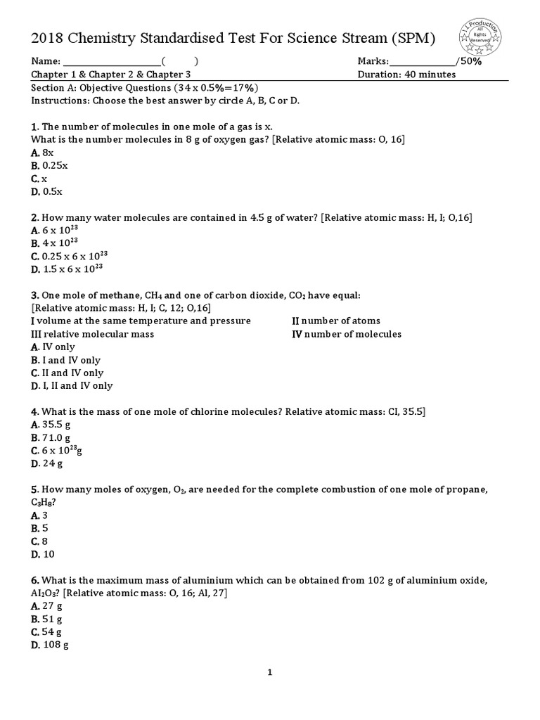2018 Chemistry Standardised Test For Science Stream (SPM) | PDF ...