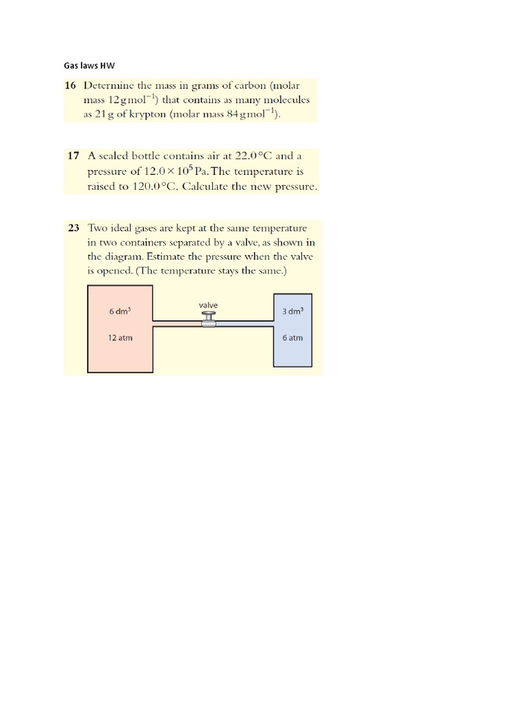 IB Gas Laws Homework Questions | PDF