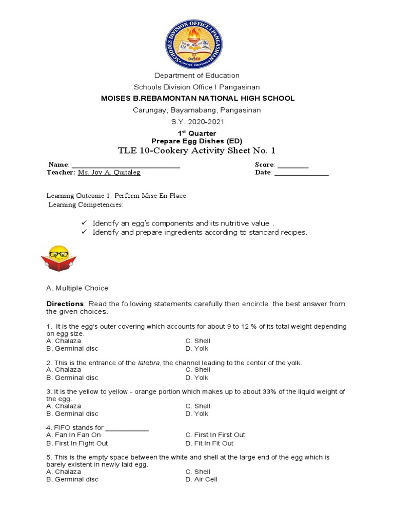 TLE 10-Cookery Activity Sheet No. 1: 1 Quarter Prepare Egg Dishes (ED ...