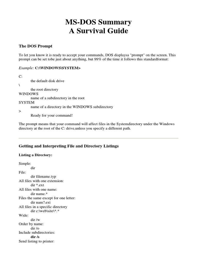 MS-DOS Summary A Survival Guide | Download Free PDF | Computer File | Directory (Computing)