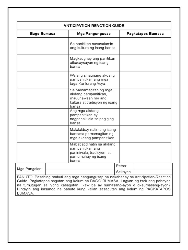 Anticipation Reaction Guide | PDF