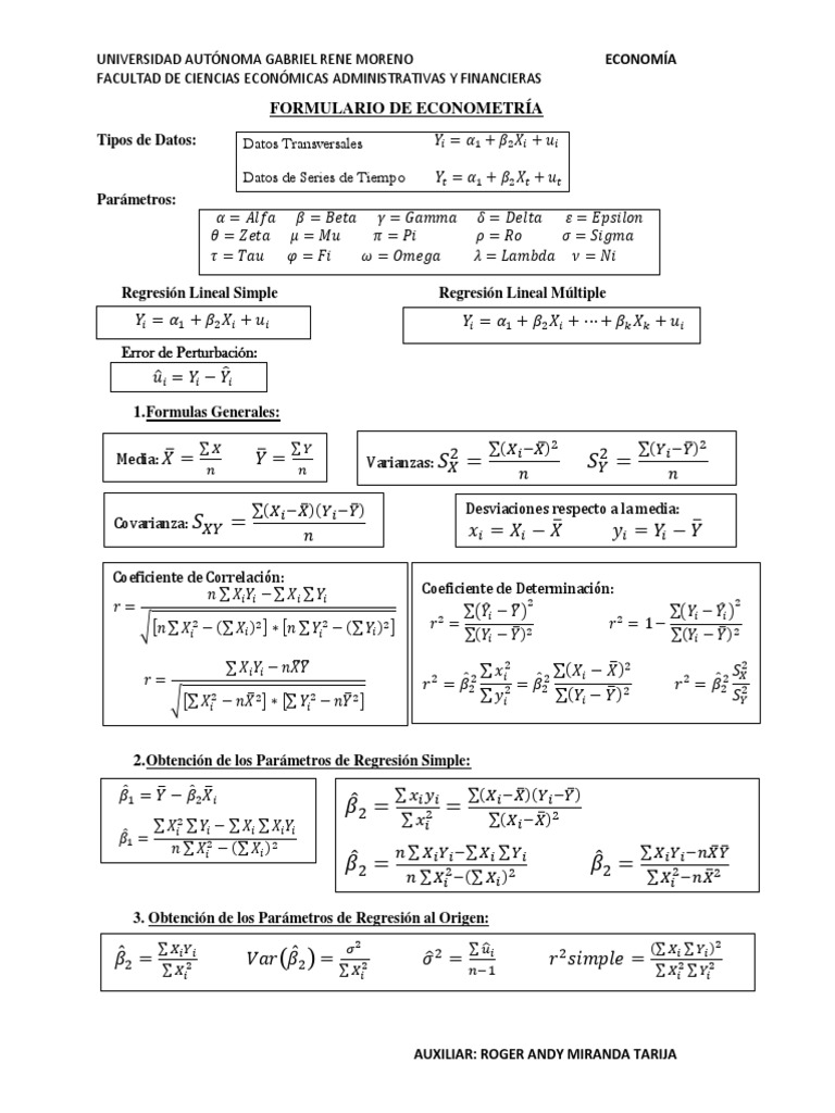 Formulario de Econometría | PDF | Multicolinealidad | Coeficiente de determinación