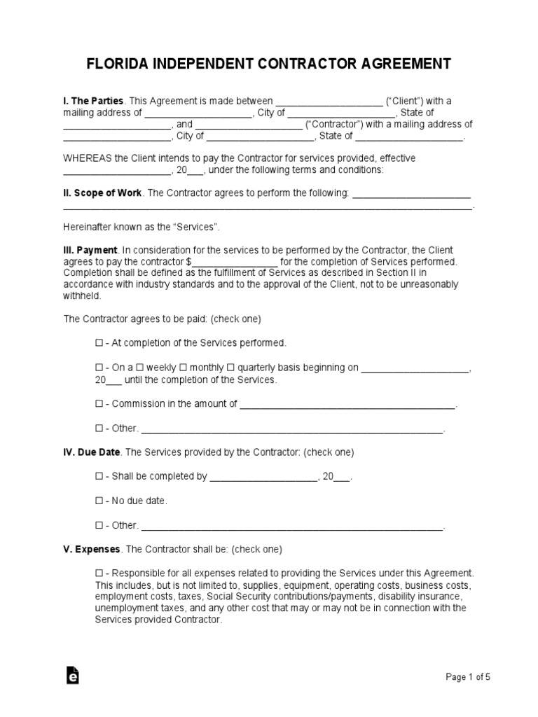 Florida Independent Contractor Agreement | PDF | Independent Contractor ...