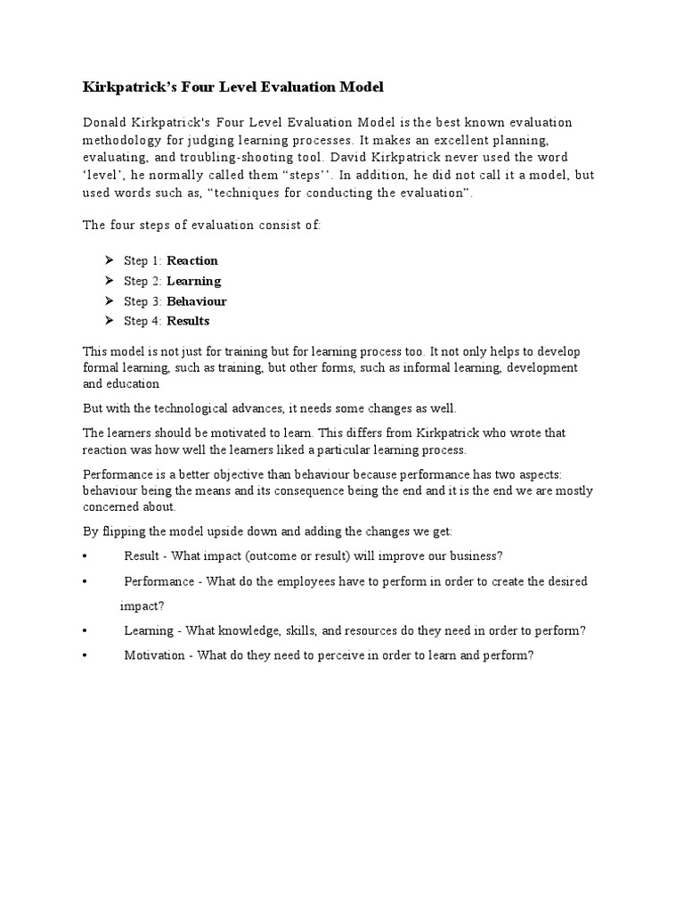 Kirkpatrick's Four Level Evaluation Model | PDF | Motivation | Motivational
