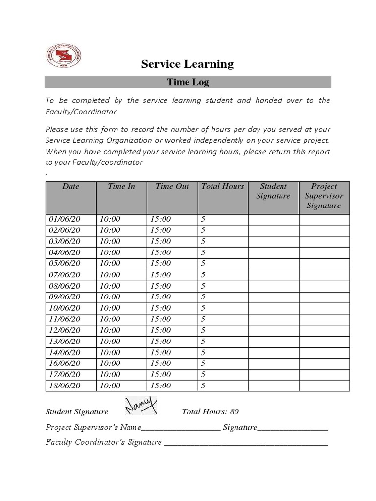 Service Learning: Time Log | PDF