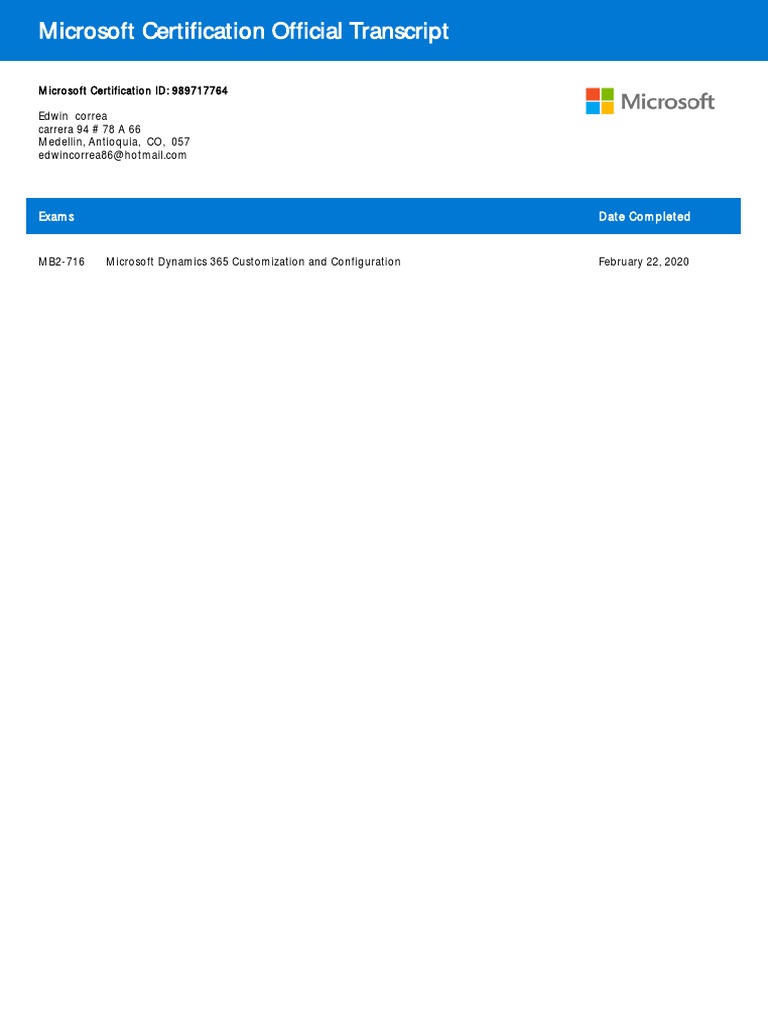 Microsoft Certification Official Transcript: Exams Date Completed | PDF