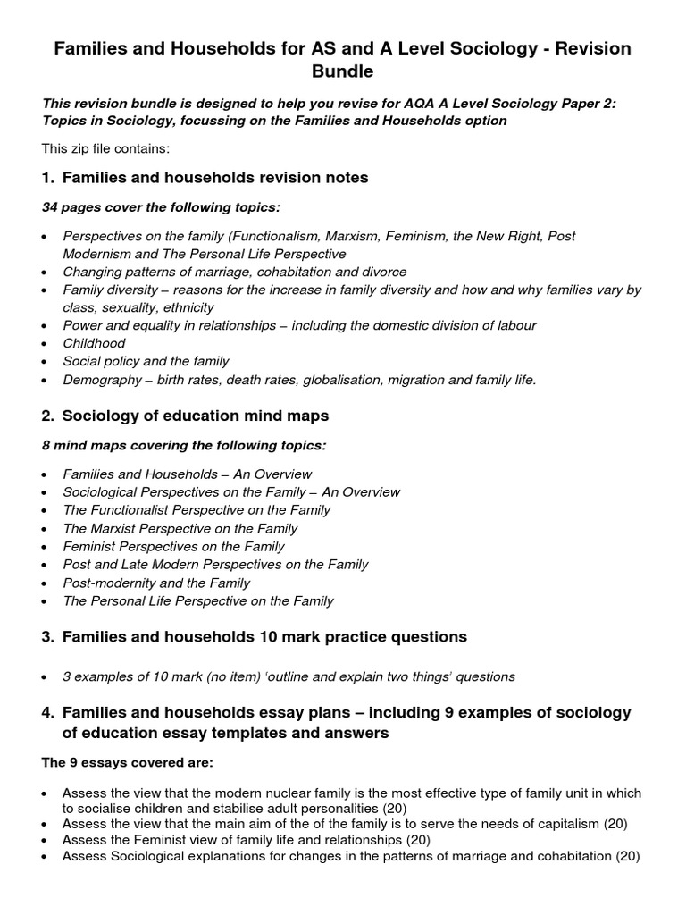 Families and Households For AS and A Level Sociology - Revision Bundle ...