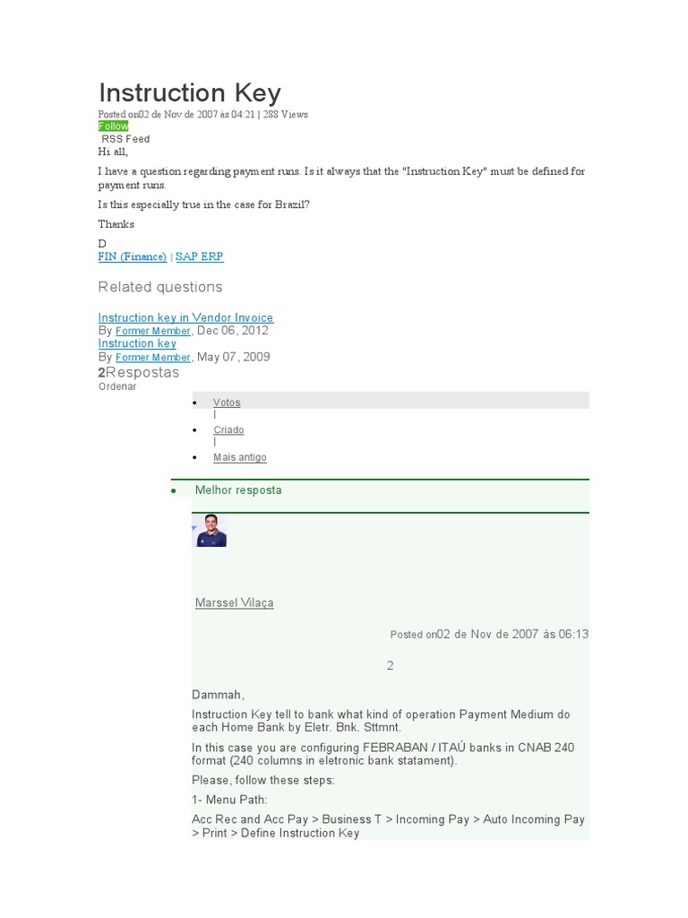 Instruction Key Brasil SAP | PDF | Banks | Payments