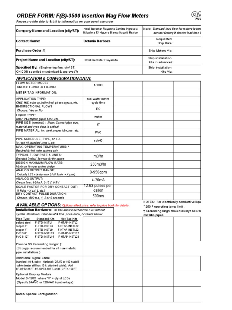 ORDER FORM: F (B) - 3500 Insertion Mag Flow Meters: Application ...