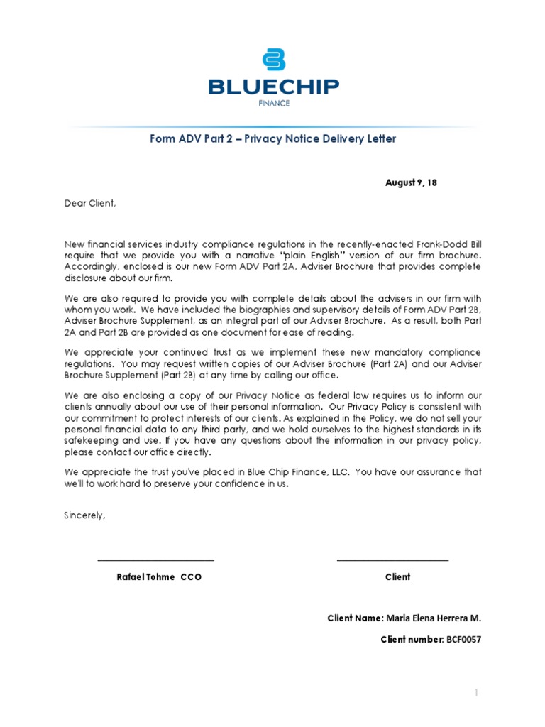 Form ADV Part 2 - Privacy Notice Delivery Letter: August 9, 18 | PDF ...