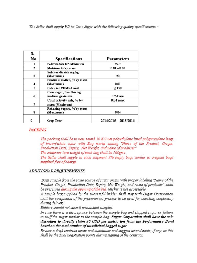 Icumsa 150 Sugar Spec | PDF | Letter Of Credit | Sugar