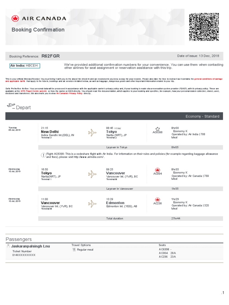 Air Canada Booking Confirmation R62FGR | PDF | Baggage | Airlines