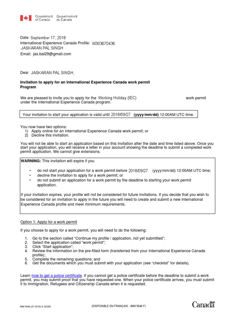 Invitation To Apply For An International Experience Canada Work Permit ...