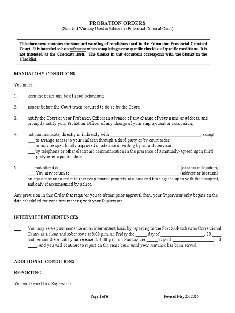 Probation Orders - Standard Wording of Conditions | PDF | Medical ...