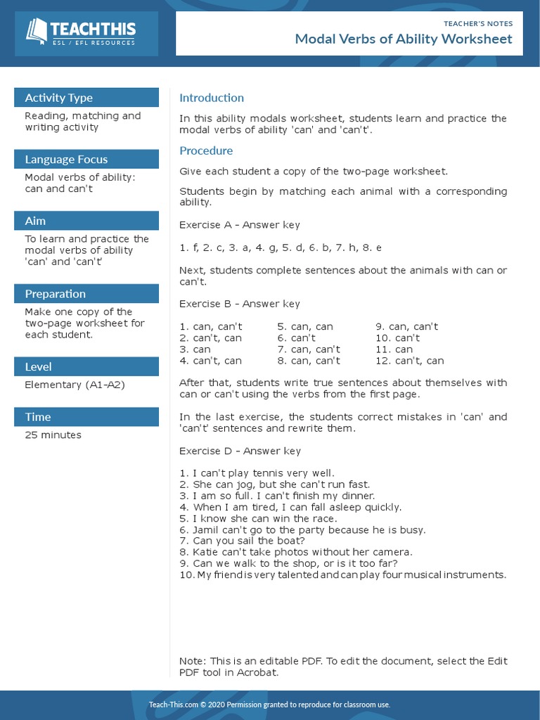 Modal Verbs of Ability Worksheet | PDF | Cognition | Cognitive Science