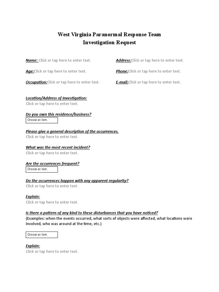 West Virginia Paranormal Investigation Form | PDF
