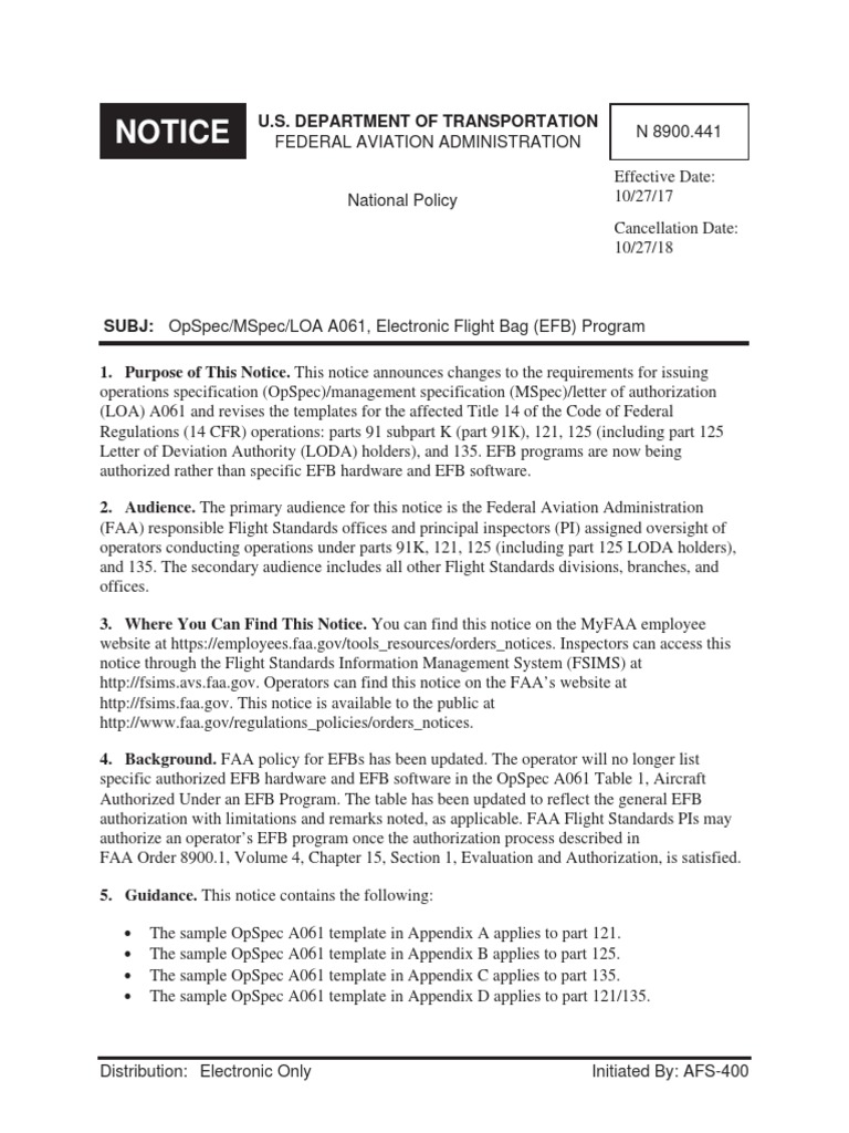 LOA A061, Electronic Flight Bag (EFB) Program | PDF | Federal Aviation ...