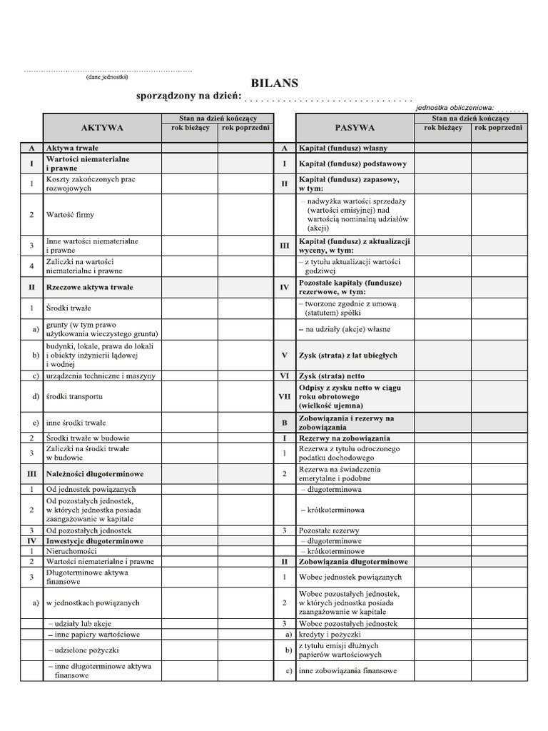 Bilans Dla Jednostki Innej PDF | PDF