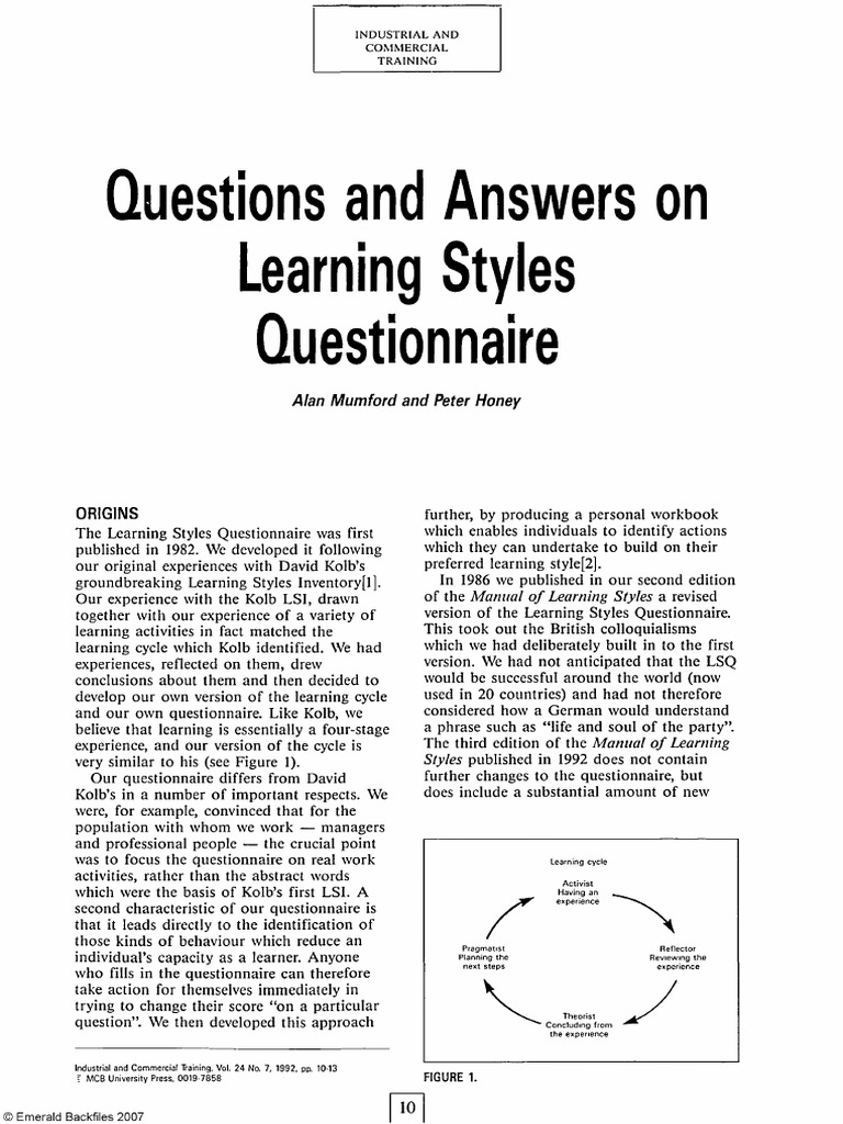 Questions and Answers On Learning Styles Questionnaire: Alan Mumford ...
