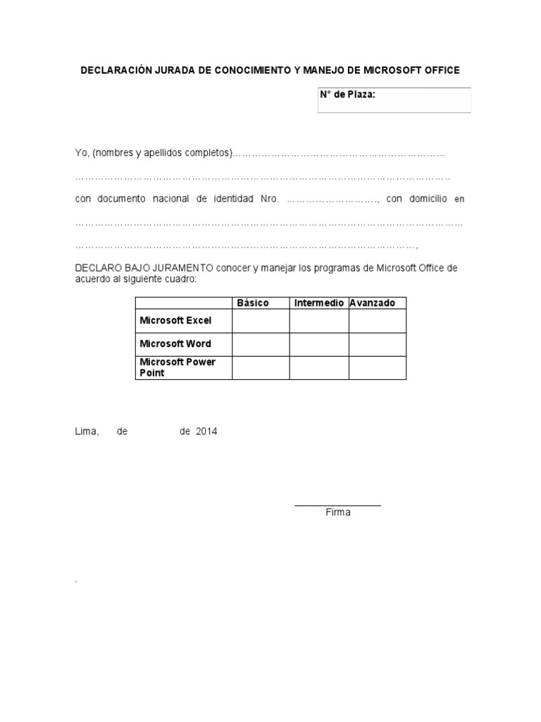 Declaracion Jurada Conocimiento Manejo Microsoft Office | PDF