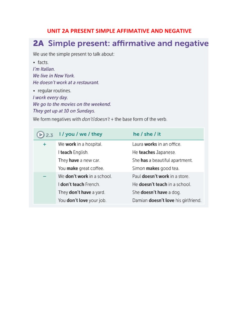 Unit 2a Present Simple Affirmative and Negative | PDF