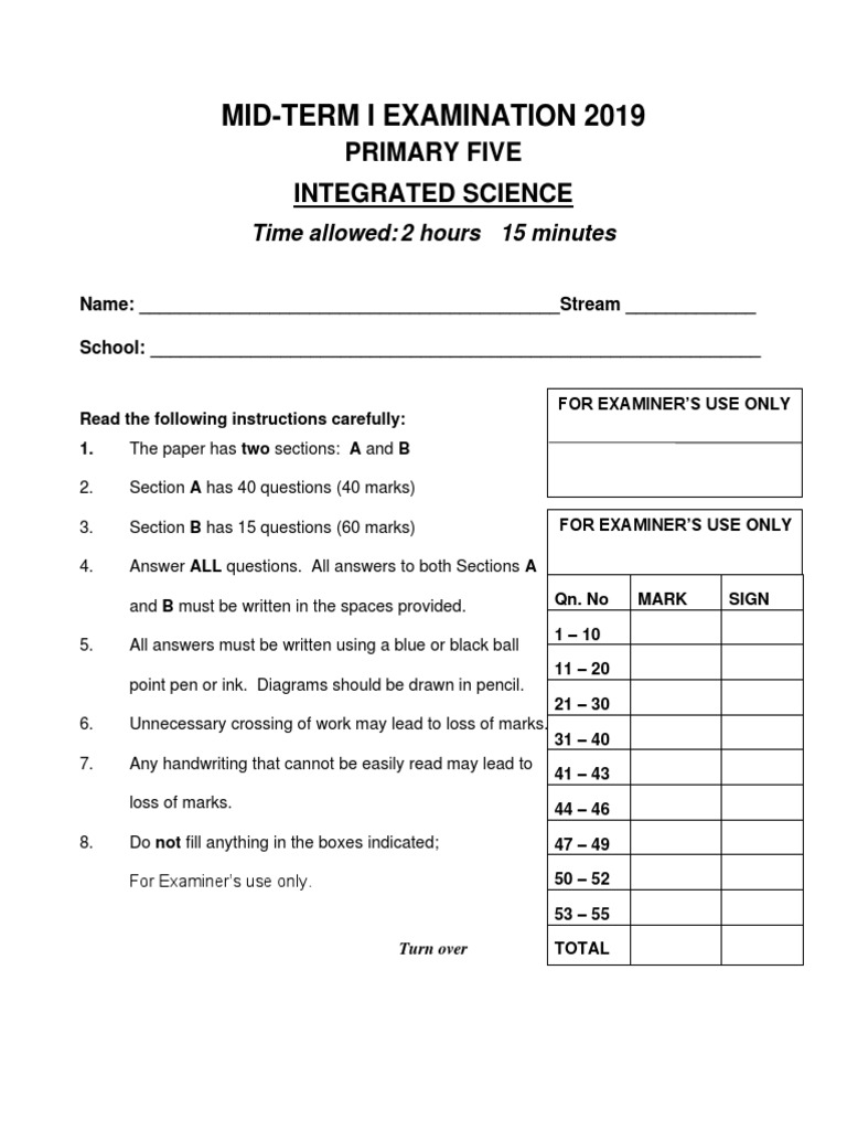 Primary 5 Integrated Science Exam 2019 | PDF | Flowers | Bile