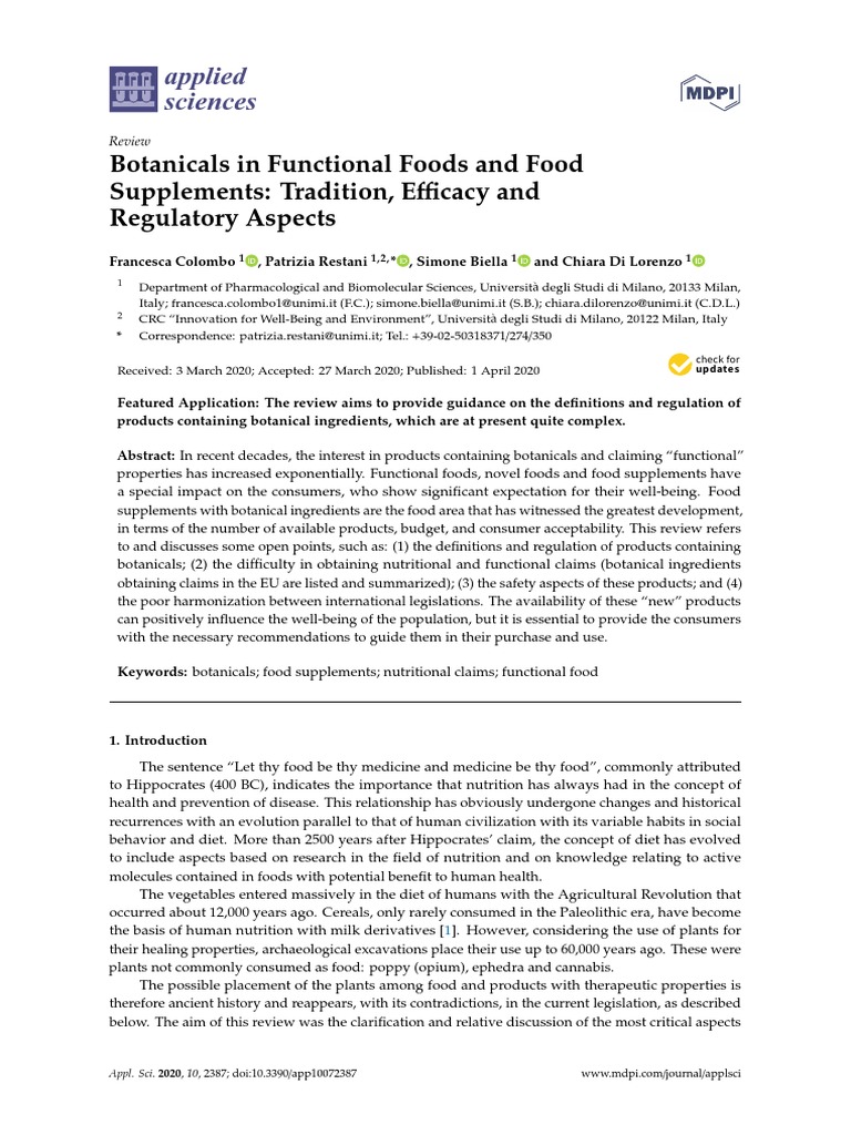 Applied Sciences: Botanicals in Functional Foods and Food Supplements ...