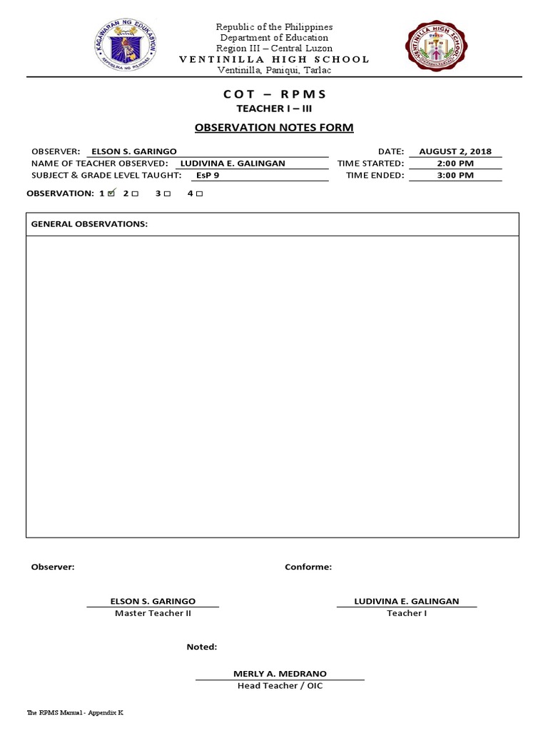 RPMS 2018 - COT - RPMS - Observation Notes Form - Template | PDF