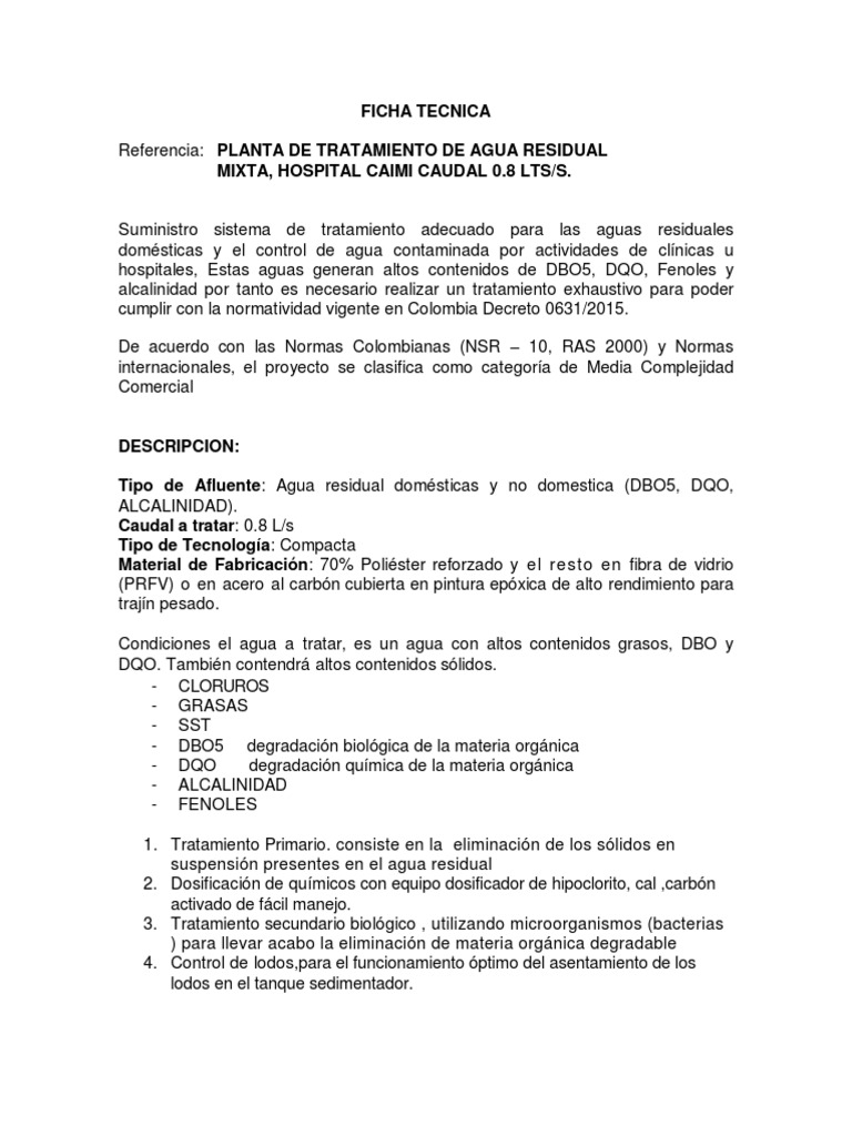 Ficha Tecnica Ptar | PDF | Aguas residuales | Tubería (transporte de fluidos)