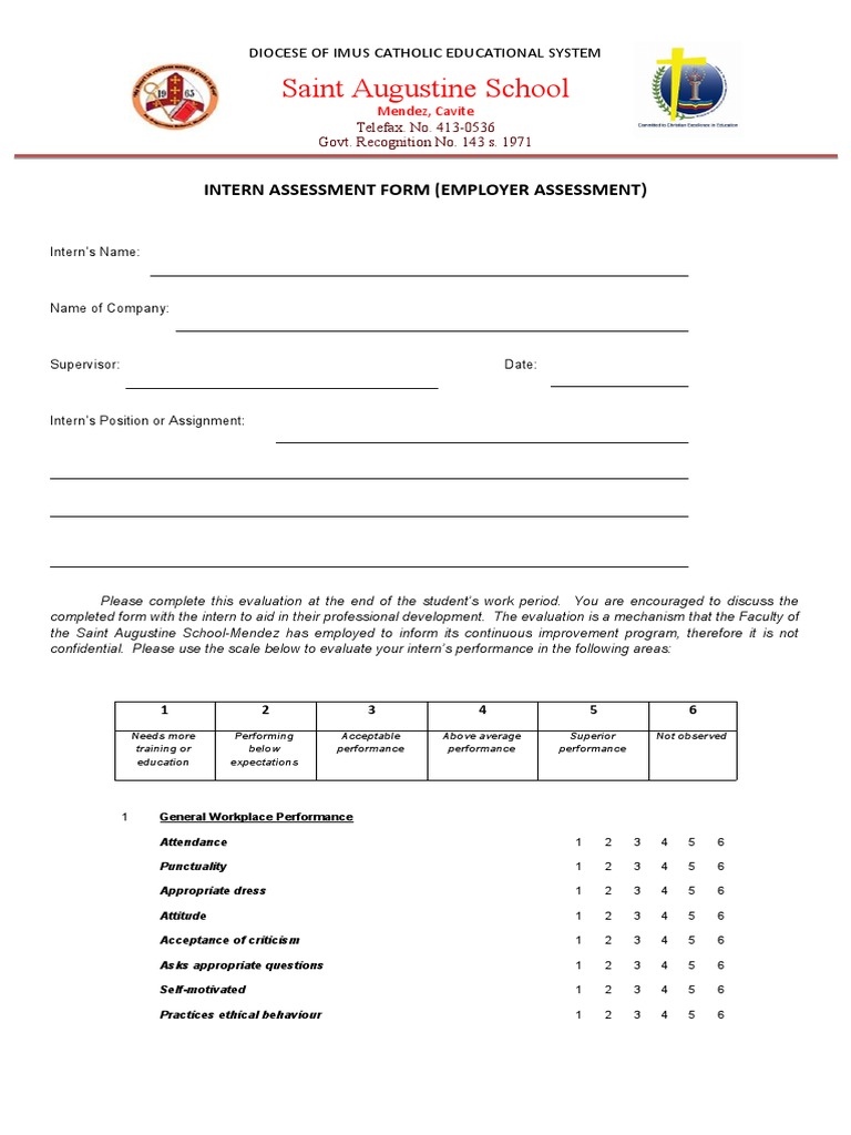 Saint Augustine School: Intern Assessment Form (Employer Assessment) | Download Free PDF ...
