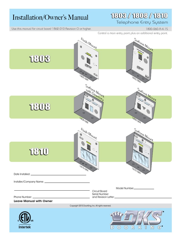 Installation/Owner's Manual: Telephone Entry System | PDF | Business