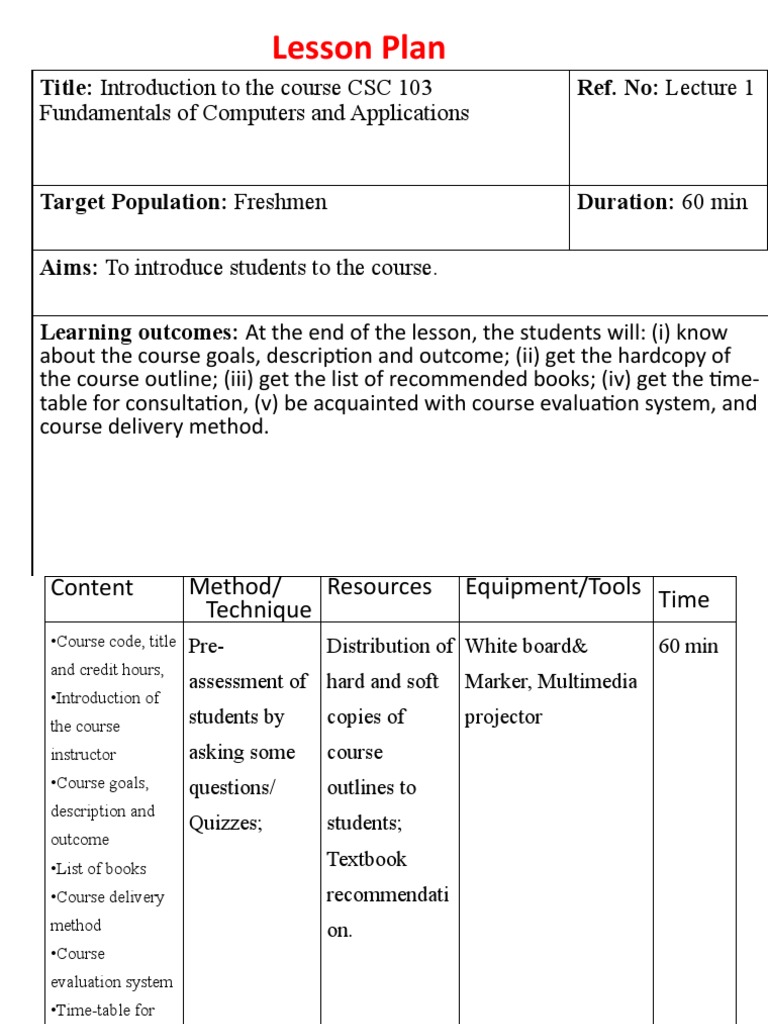 Lesson Plan: Title: Introduction To The Course CSC 103 Ref. No: Lecture 1 | PDF | Career ...