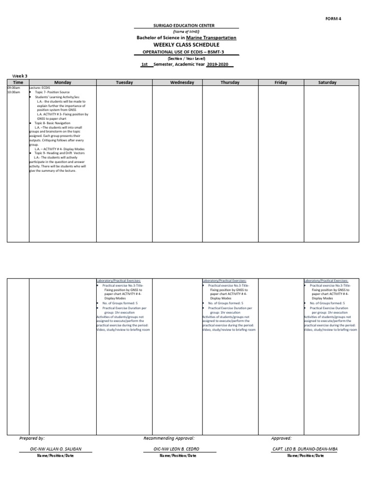 Weekly Class Schedule: Bachelor of Science in Marine Transportation ...