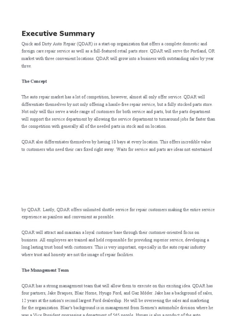 QDAR Auto Repair Business Plan Summary | PDF | Balance Sheet | Retail