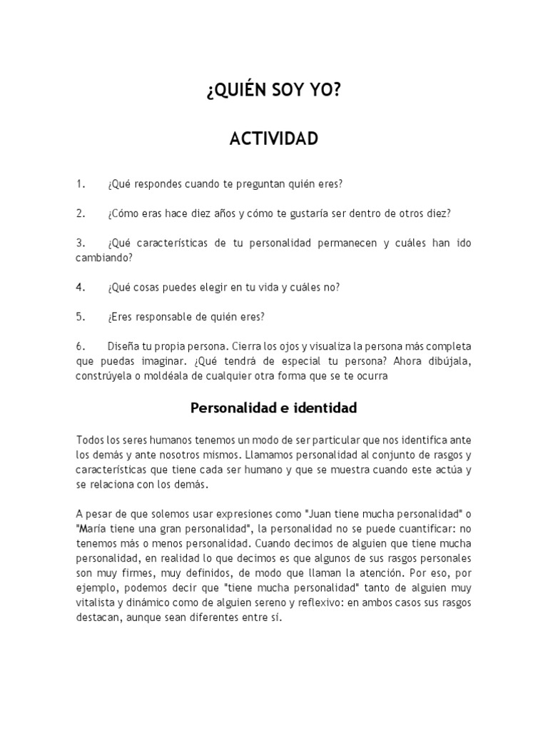 ¿Quién Soy Yo? Actividad: Personalidad e Identidad | PDF