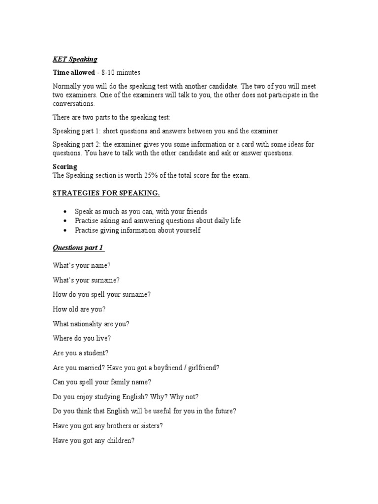 KET Speaking Practice | PDF