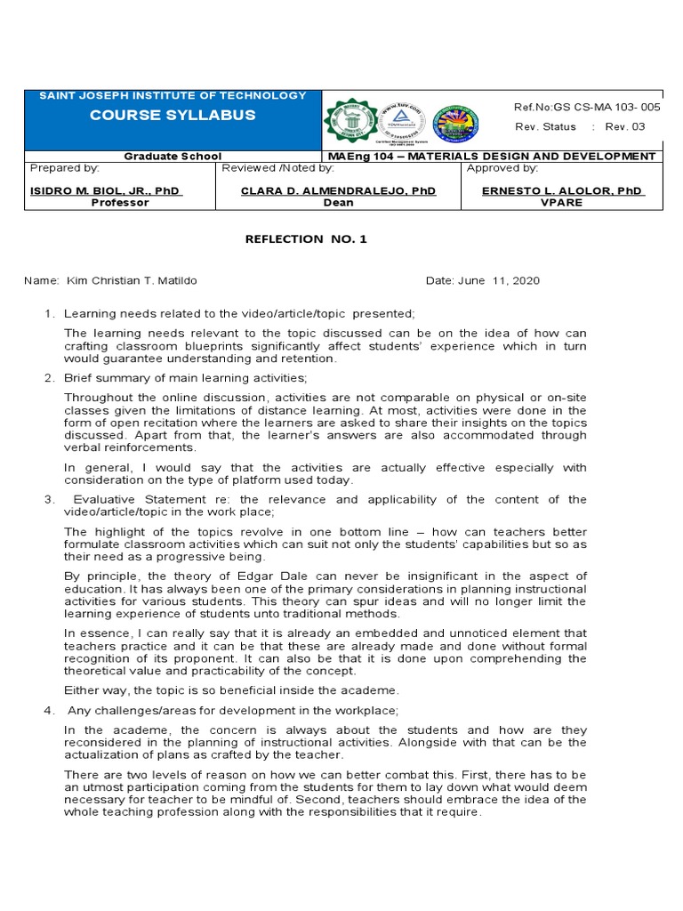 Reflection Notes | PDF | Teachers | Classroom