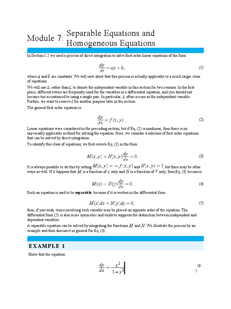 Module 7 Separable and Homogeneous | PDF | Equations | Integral