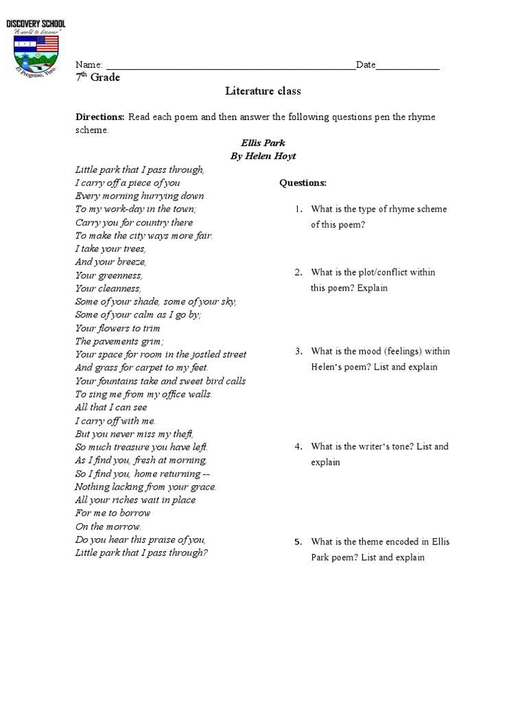 Directions: Read Each Poem and Then Answer The Following Questions Pen ...