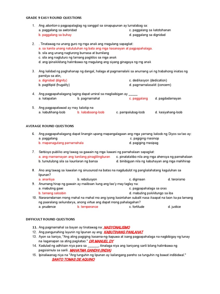 TAGIS TALINO EsP G9 - QUESTIONS | PDF