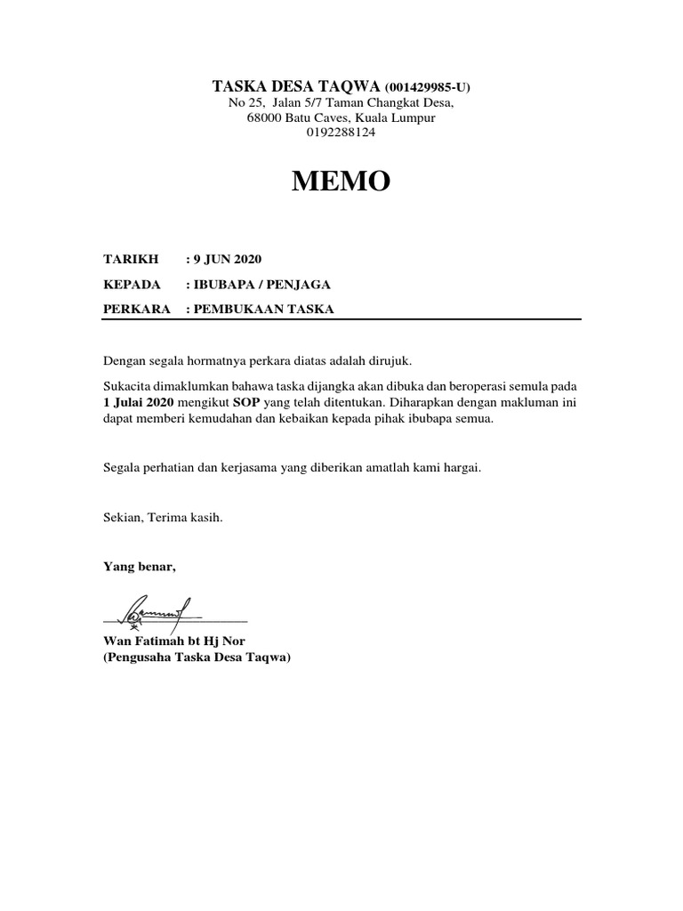 Memo Buka Taska Lps PKP PDF | PDF | Bisnis